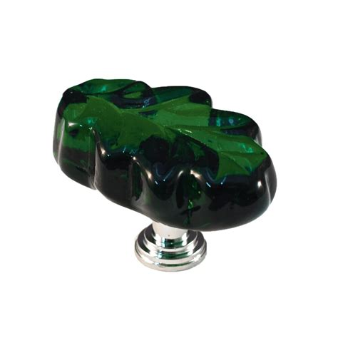 Artx Glass Knob Collection Colored Oak Leaf In Green Glass With Polished Chrome Base By Cal