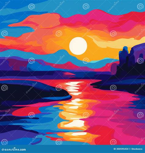 Vibrant Pop Art Sunset On Water A Psychedelic Fauvist Fantasy Stock