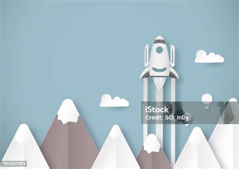 종이 절단 공예 및 종이 접기 스타일에서 시작 개념 벡터 일러스트 레이 션 로켓은 파란 하늘을 날고 있다 웹 배너 포스터 표지 광고에 대 한 템플릿 디자인입니다 아이 들을