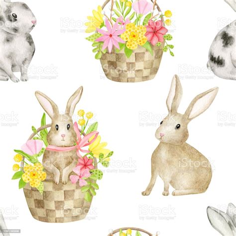 손으로 그린 토끼와 꽃 바구니가있는 수채화 봄 이음새가 없는 패턴 귀여운 갈색과 회색 부활절 토끼 배경과 흰색에 고립 된 꽃