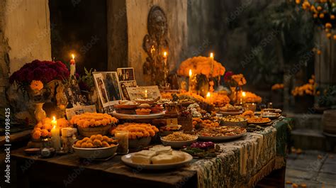Ofrenda Table Filled With Traditional Foods Marigolds And Photos