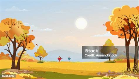 일몰 파란색과 분홍색 하늘을 배경으로 저녁 빛의 가을 시골 풍경 숲 나무와 일출잔디 필드와 시골에서 벡터 만화 가을 시즌 가을배경 배너 가을에 대한 스톡 벡터 아트 및 기타