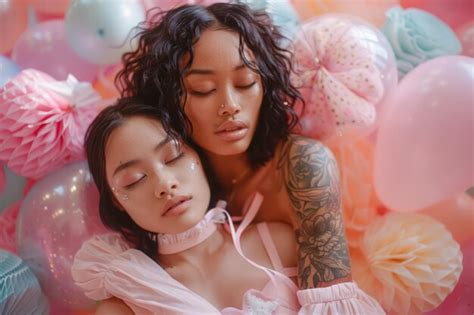 Premium Photo Tranquil Women In Dreamy Setting With Pastel Balloons Ethereal Party Ambiance