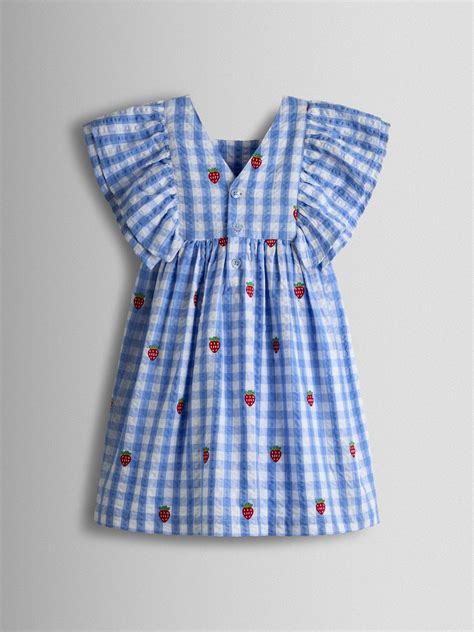 Blue Gingham Strawberry Frill Square Neck Gingham Dress Jojo Maman Bébé