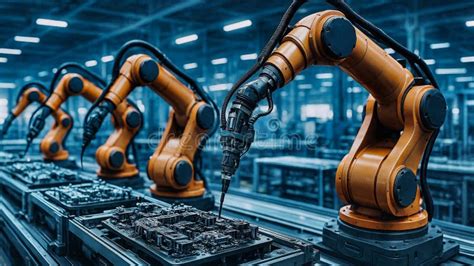 Automated Robotic Arms Are Working On A Circuit Board Assembly Line In A Modern High Tech