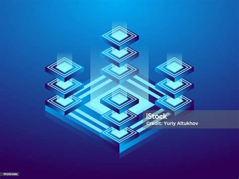 Cryptocurrency 및 Blockchain 추상 아이소메트릭 3d 그림입니다 Cryptocurrency 광산 농장 벡터 기술 배경입니다 3차원 형태에 대한 스톡 벡터