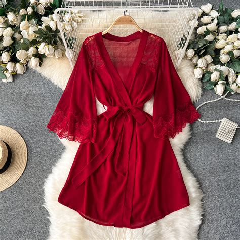 Sexy See Through Nightgown Thin Lace Patchwork Chiffon Pajamas On Luulla
