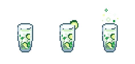 픽셀 아트 모히토 칵테일 세트 모히토 칵테일 음료의 픽셀 모자이크 유리의 복고풍 90 년대 게임 8 비트 아이콘 게임 및 스티커에 대한 벡터 픽셀 클래식 파티 음료 16에