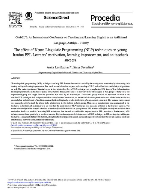Pdf The Effect Of Neuro Linguistic Programming Nlp Techniques On Young Iranian Efl Learners