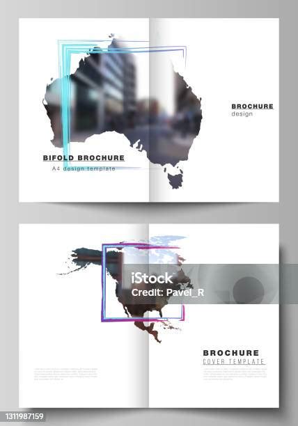 이중 브로셔 전단지 커버 디자인 책 디자인 브로셔 커버를 위한 두 개의 A4 커버 모형 템플릿의 벡터 레이아웃 세계지도와 컬러