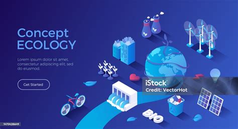 생태학 녹색 도시 에코 행성 바이오 기술 아이디어 태양 전지판 풍력 터빈 수력 발전소 재활용 에너지 절약 아이소메트릭 랜딩 페이지 벡터 웹 배너입니다 3차원 형태에 대한