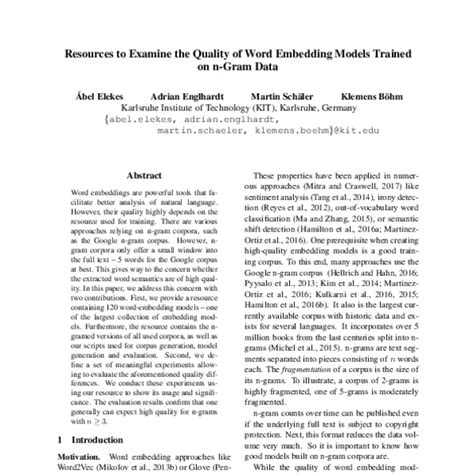 Resources To Examine The Quality Of Word Embedding Models Trained On N Gram Data Acl Anthology