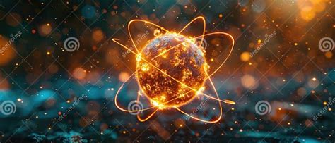 A Glowing Atom Representation With Orbiting Particles Showcasing Atomic Structure And Energy