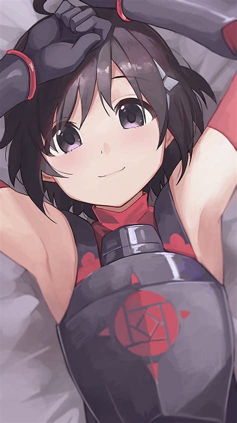 Safebooru 1girl Armor Arms Up Bangs Bare Shoulders Black Armor Black