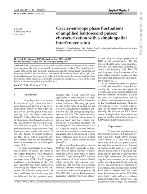 Pdf Carrier Envelope Phase Fluctuations Of Amplified Femtosecond Pulses Characterization With