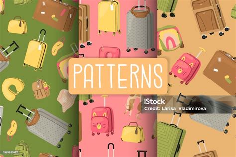 3 여행 용품의 원활한 패턴 성인과 어린이를 위한 다양한 모양과 색상의 여행 가방 비행기 베개와 모자 가방과 배낭 종이 또는 직물에 대한 벡터 그림입니다 가방에 대한 스톡