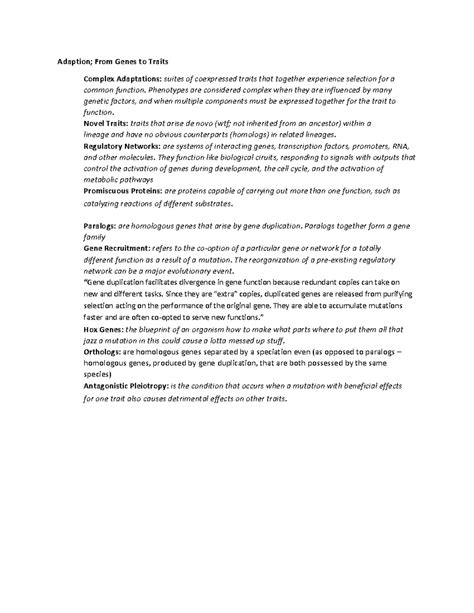 Adaption From Genes To Traits Adaption From Genes To Traits