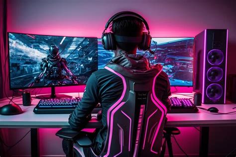 Premium Ai Image Gamer In Neon Room Virtual Reality Goggles Metaverse