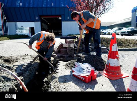 Men Laying Optical Fiber Cables Stock Photo Alamy