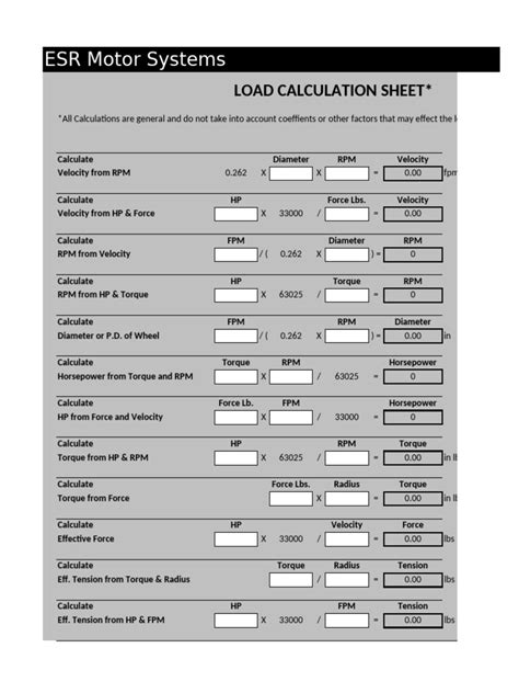 Esr Load Calculation Sheet 2011 Pdf