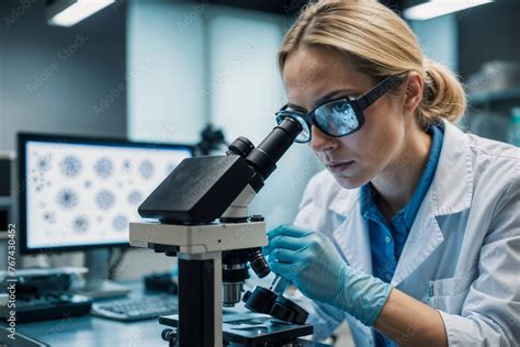 Female Lab Technician Examining Biomaterial Samples Under Microscope For Cell Structure