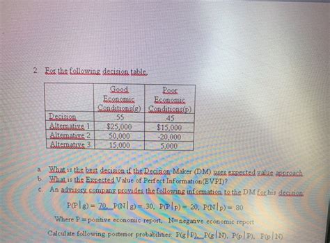 solved 2 for the following decision table decision