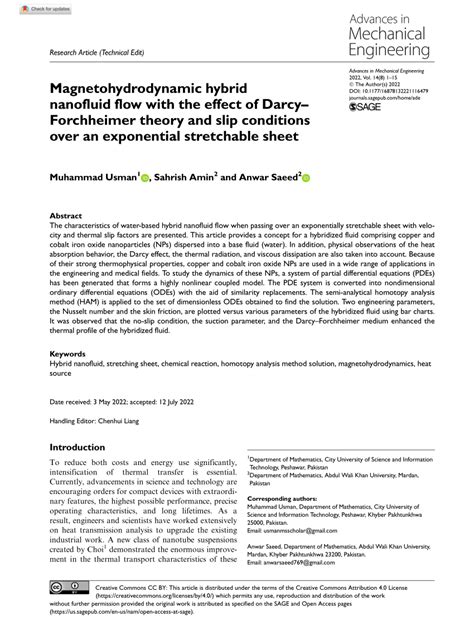 Pdf Magnetohydrodynamic Hybrid Nanofluid Flow With The Effect Of Darcy Forchheimer Theory And