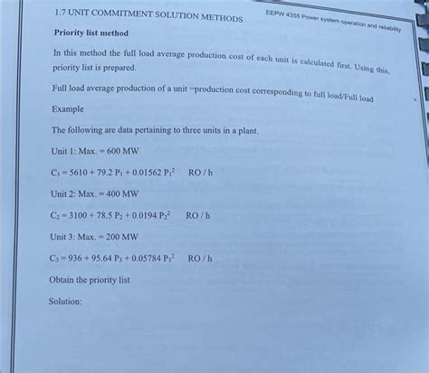 Solved 17 Unit Commitment Solution Methods Priority List