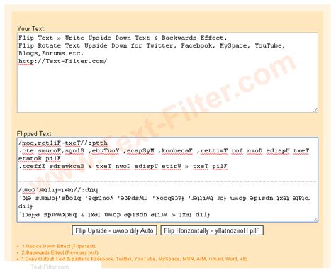 online flip rotate text in facebook twitter myspace youtube blogs forums upside down text