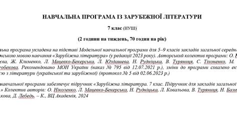 Навчальна програма «Зарубіжна література 7 клас автор Ніколенко О