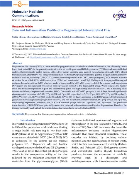Pdf Pain And Inflammation Profile Of A Degenerated Intervertebral Disc