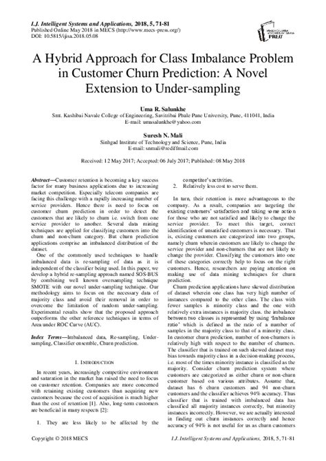 Pdf A Hybrid Approach For Class Imbalance Problem In Customer Churn Prediction A Novel