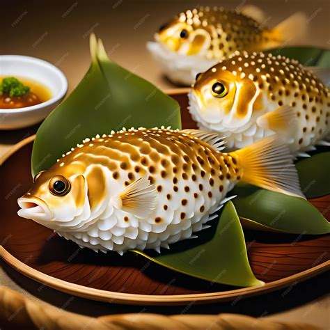 Closeup Of Fugu Pufferfish National Japanese Seafood Delicacy Premium