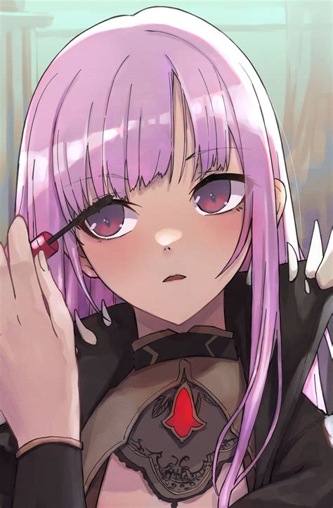 Safebooru 1girl Applying Makeup Bangs Black Cape Blush Bracer Cape