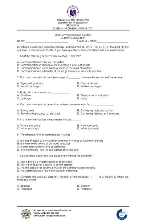 Oral Com Midterm Exam First Periodic Examination Department Of Education Region Xii Division