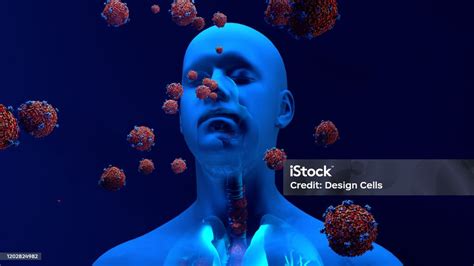 공기 중으로 바이러스 스프레이에 감염된 물방울 코로나바이러스 또는 바이러스에 의해 감염된 인간 폐 바이러스에 의한 호흡기 감염 Sars 3차원 형태에 대한 스톡 사진 및