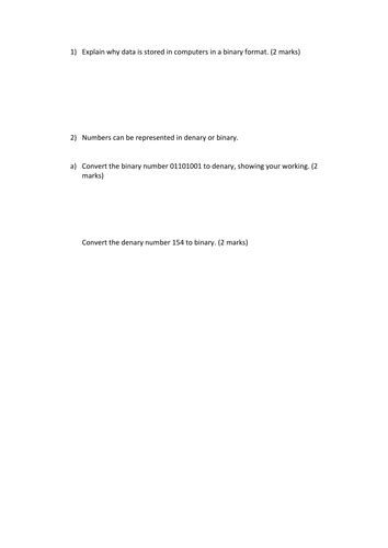 binary to denary and denary to binary conversion teaching resources