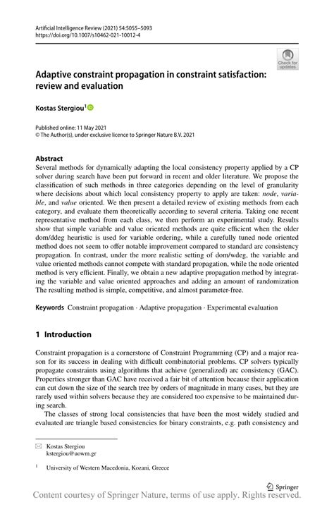 Adaptive Constraint Propagation In Constraint Satisfaction Review And Evaluation