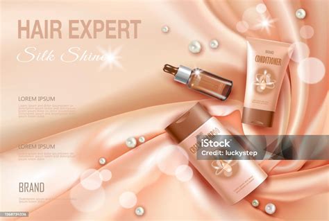 모 화장품 광고 샴 프 컨디셔너 세럼 보습 라이트 베이 지 실크 직물 물 액체 드롭 꽃 사쿠라 사쿠라 Blossom3d 현실적인 패키지 모의 포스터 배너 서식 파일 벡터