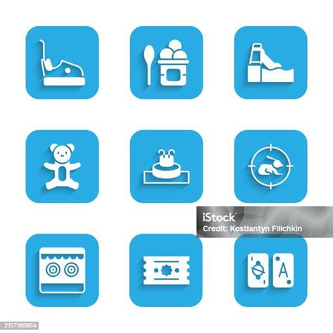 분수 티켓 타로 카드 십자선 사격 갤러리 테디 베어 봉제 장난감 워터 슬라이드 및 범퍼 아이콘과 토끼에 사냥을 설정합니다 벡터 건축에 대한 스톡 벡터 아트 및 기타 이미지