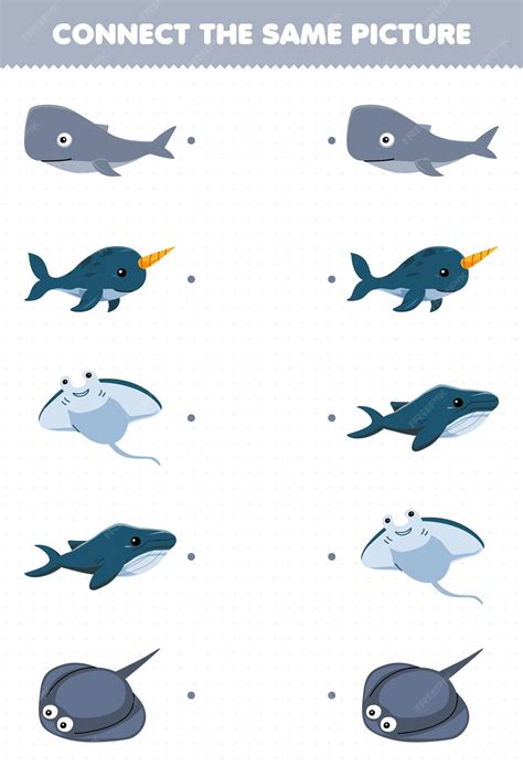 어린이를 위한 교육 게임은 만화 고래 일각고래 만타 가오리 인쇄 가능한 수중 워크시트의 동일한 그림을 연결합니다 프리미엄 벡터