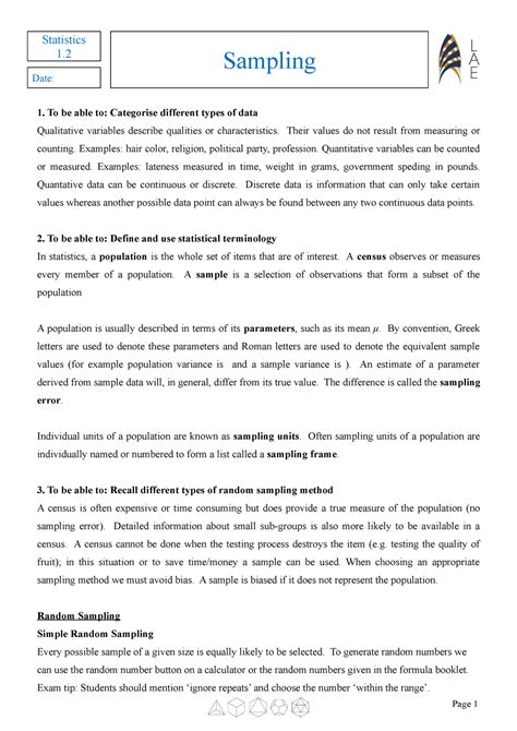S1 2 Sampling Lecture Notes Statistics 1 Sampling Date 1 To Be