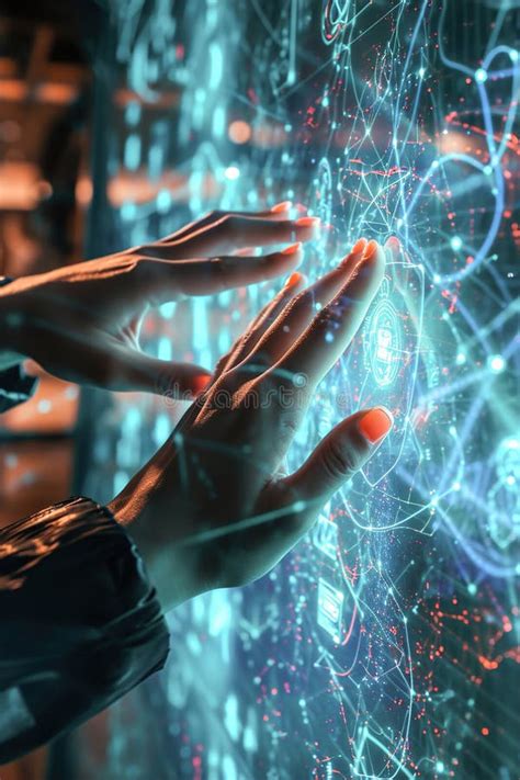 Close Up Of Hands Interacting With Holographic Interfaces High Technology Concept Stock