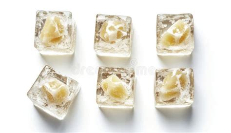 Six Translucent Cubes Filled With Pale Yellow Substance On White