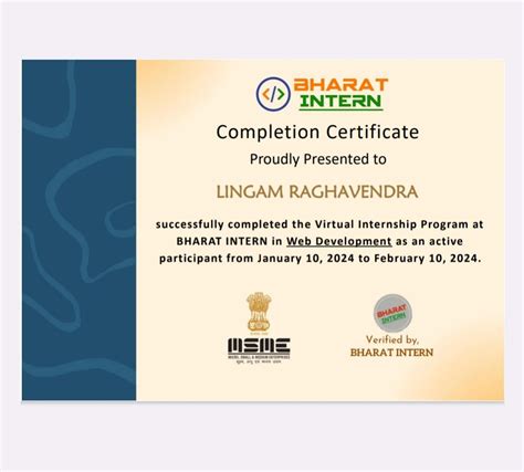 Lingam Raghavendra On Linkedin Internship Certification Bharatintern