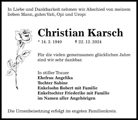 Traueranzeigen Von Christian Karsch Trauer Anzeigen De