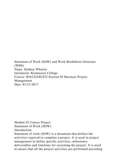 Statement Of Work Sow And Work Breakdown Strdocx