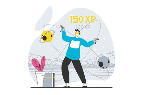 웹을 위한 플랫 디자인에 있는 사람들 장면이 있는 가상 현실 개념 Vr 헤드셋을 쓴 남자가 증강된 공간을 가진 미래형 게임을 하고 있다 소셜 미디어 배너 마케팅 자료에 대한