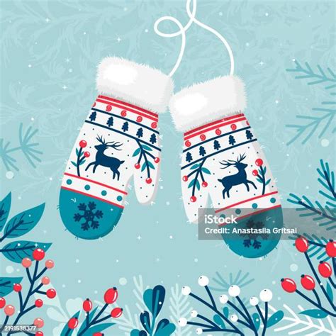 새해와 크리스마스 장갑 디자인 전나무 열매 식물 사슴과 눈송이 서리 세공 효과 0명에 대한 스톡 벡터 아트 및 기타 이미지 0명 12월 1월 Istock