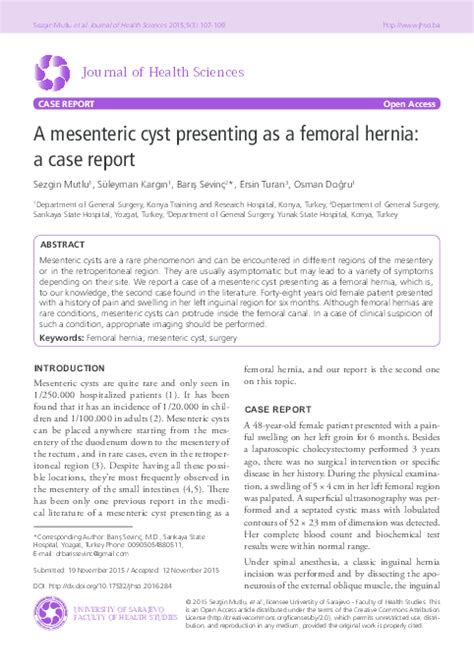 Pdf A Mesenteric Cyst Presenting As A Femoral Hernia A Case Report Journal Of Health